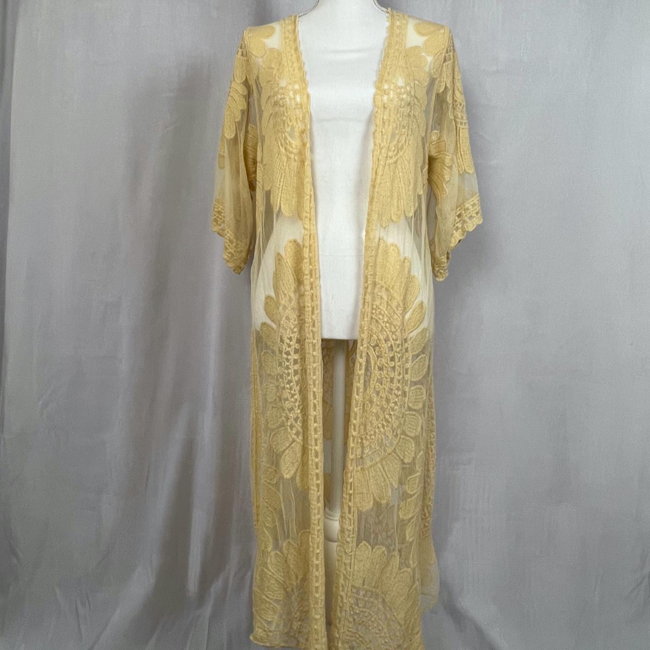 Semi sheer yellow duster, featuring large floral... - Depop
