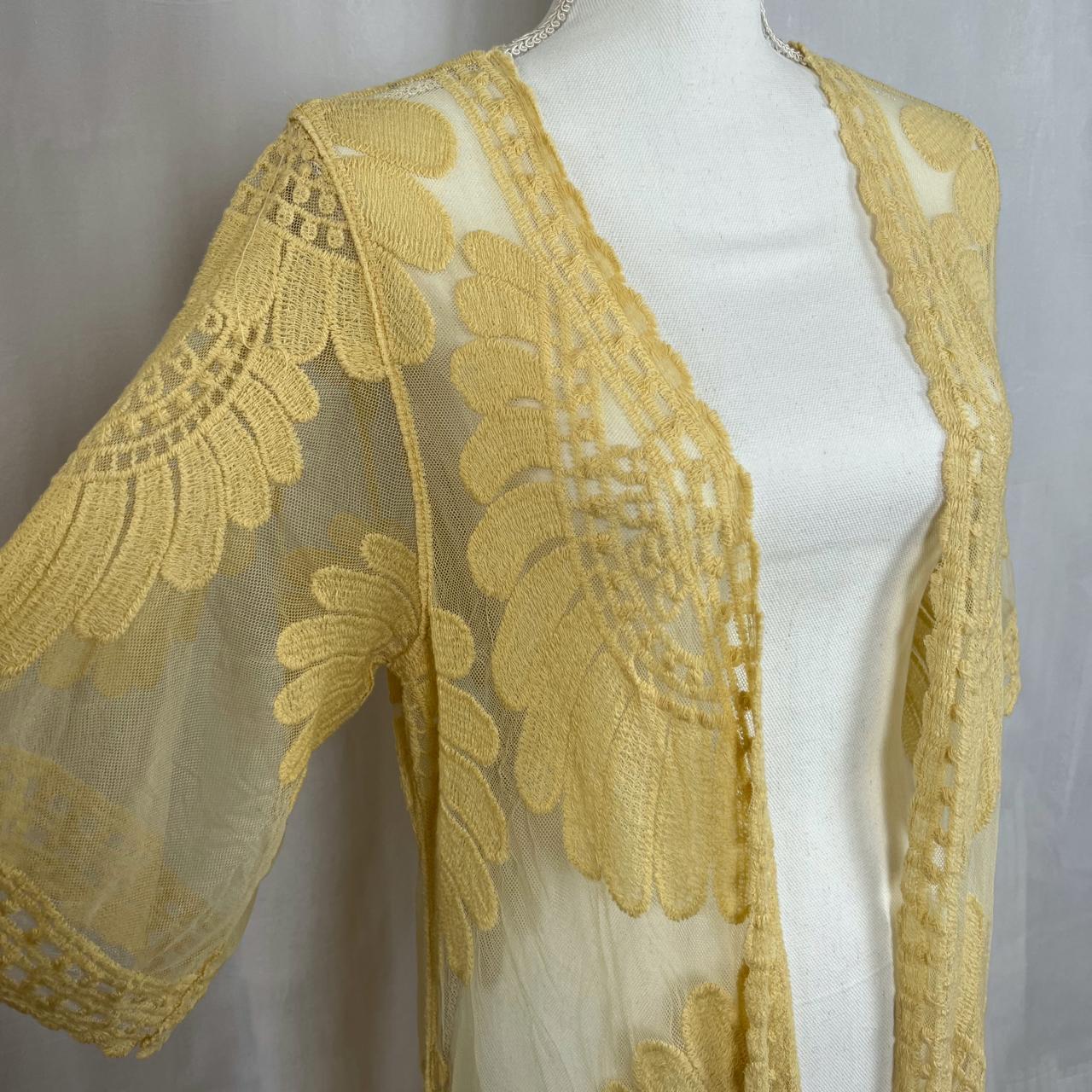 Semi sheer yellow duster, featuring large floral... - Depop