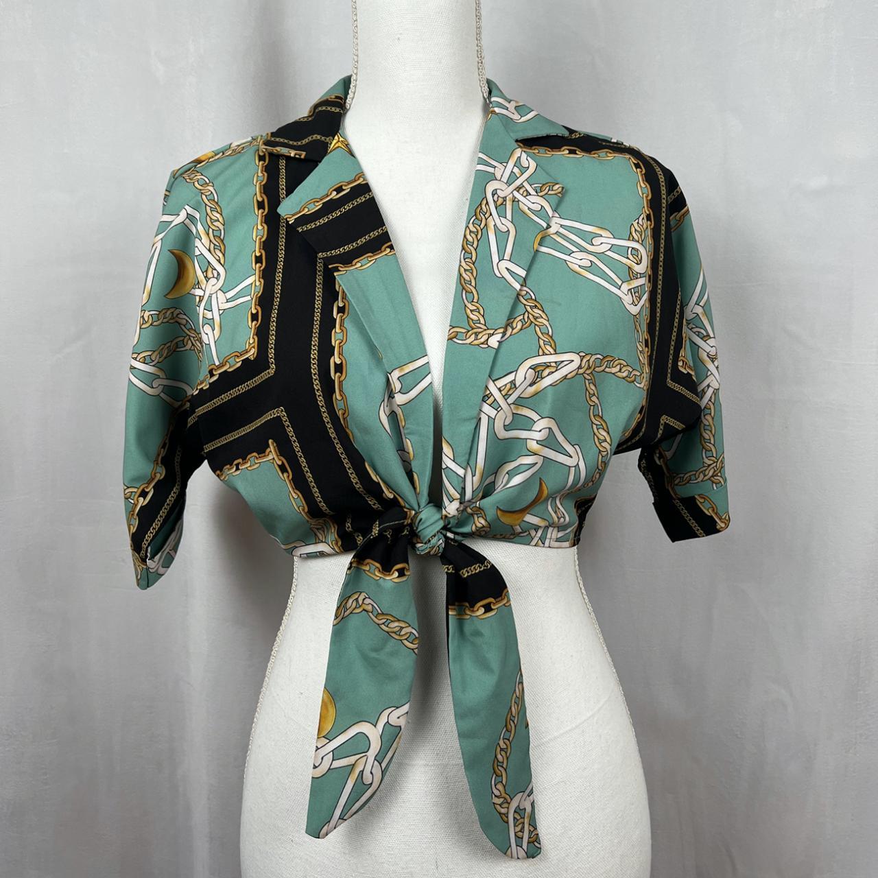 Chain- detailed pattern crop top with a front tie... - Depop