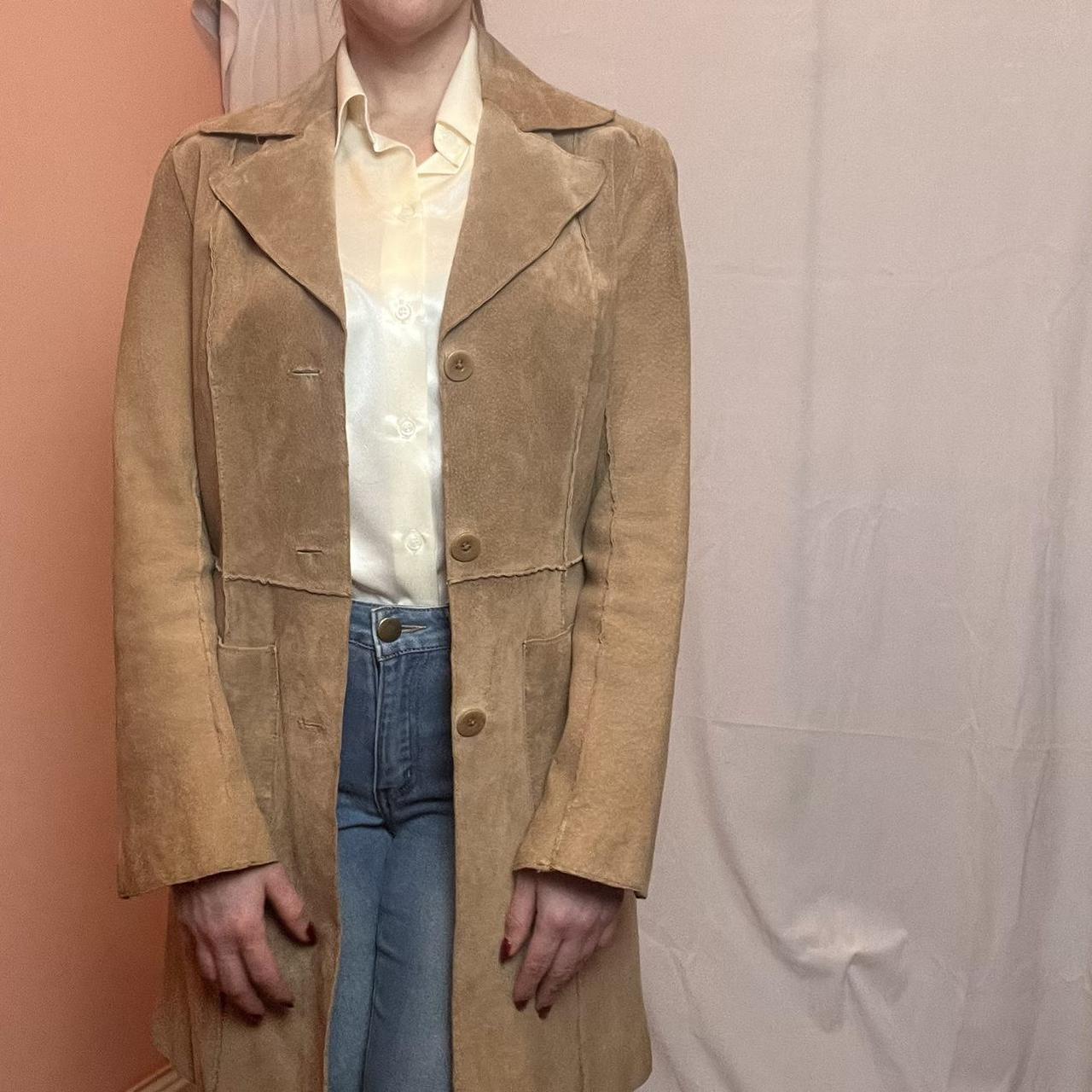 Tan suede vintage long jacket with slightly flared... - Depop