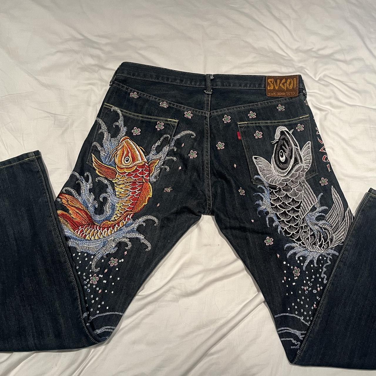 Authentic SUGOI Double Koi Fish Japanese Denim... - Depop