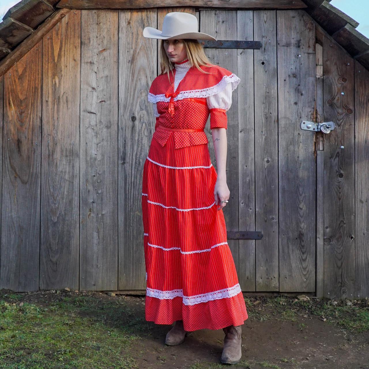 60s/70s does 1880s red western prairie dress Ein... - Depop