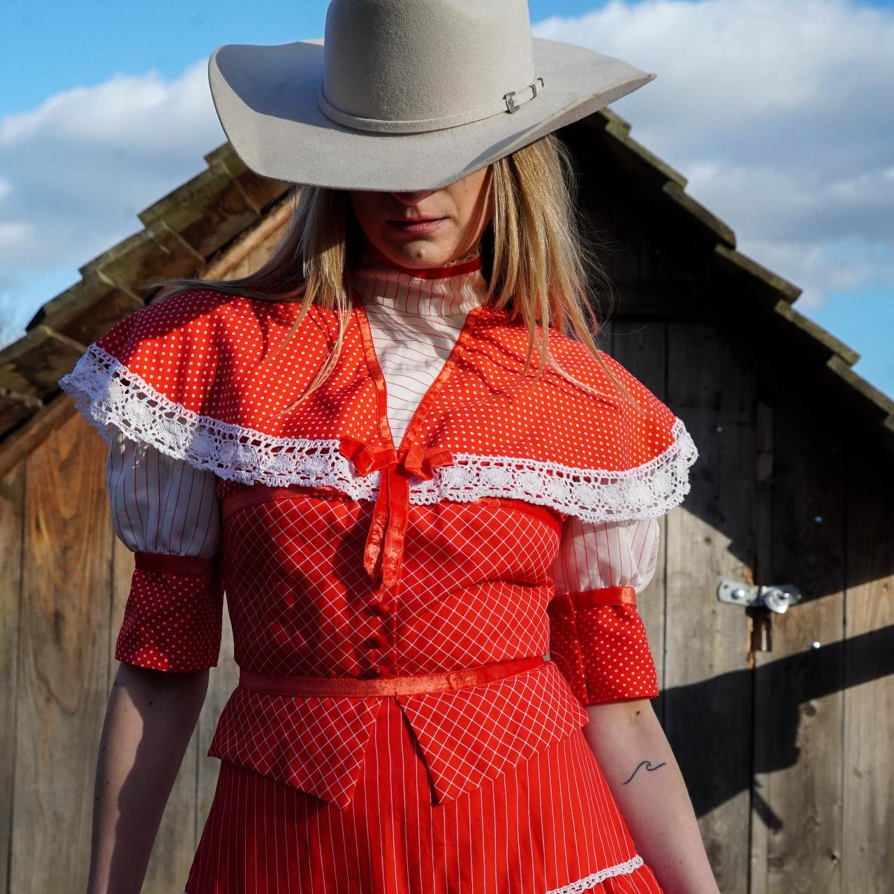 60s/70s does 1880s red western prairie dress Ein... - Depop
