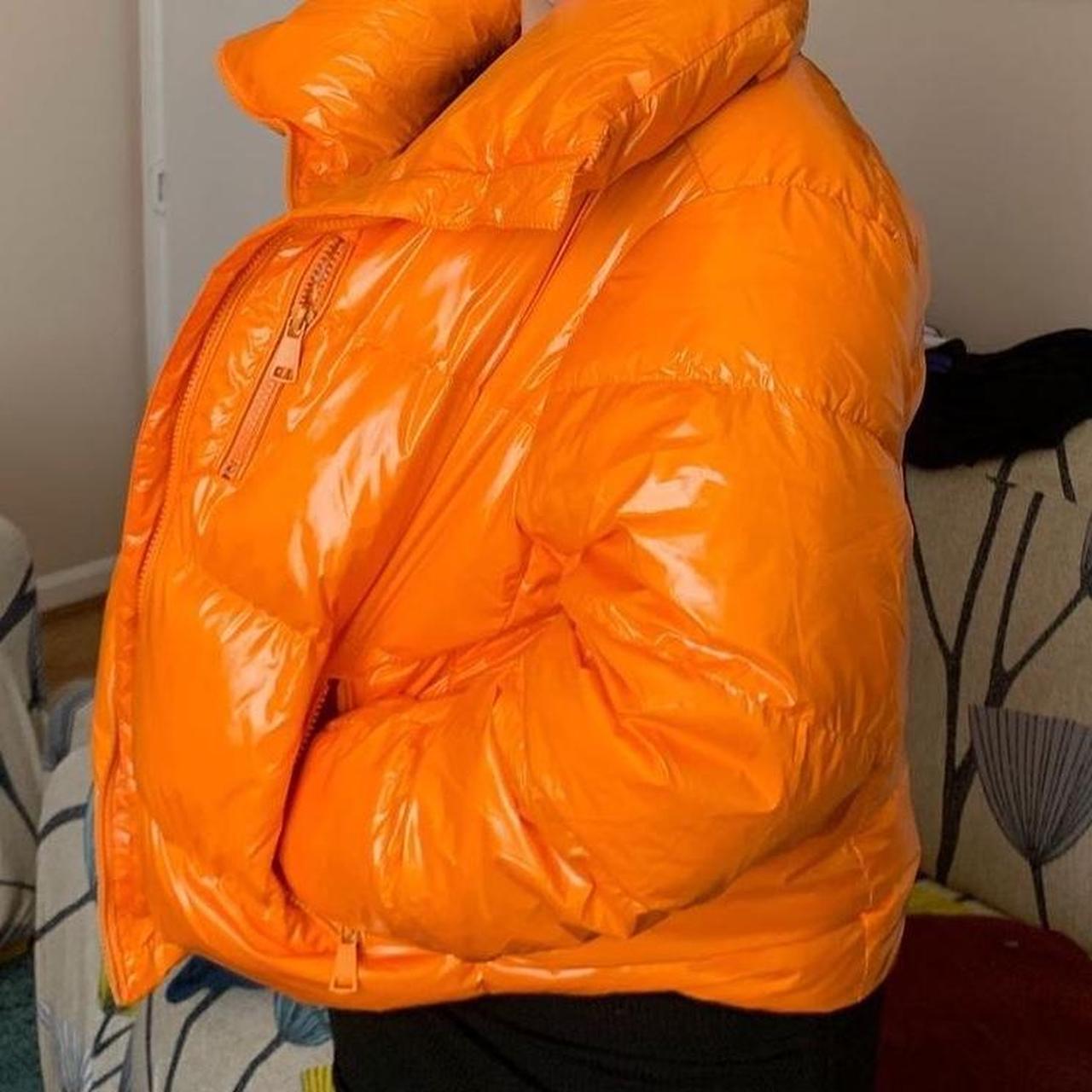 Small orange puffer jacket with 3 zips. - Depop