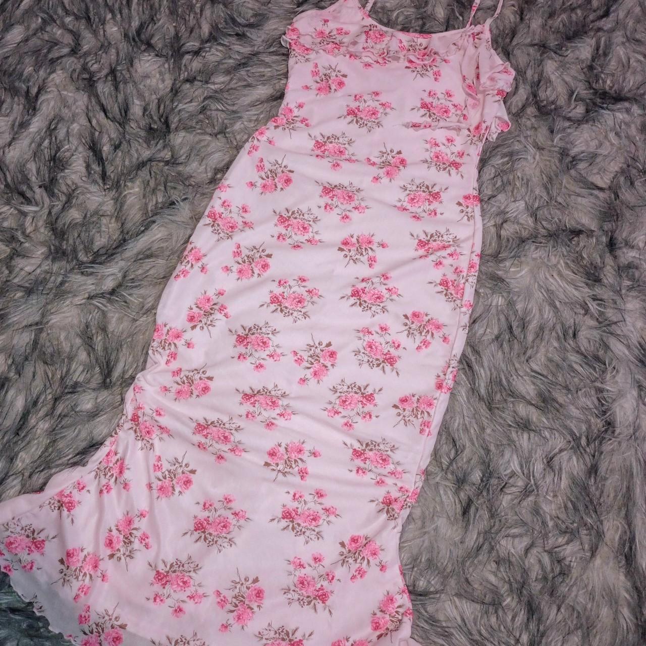 Pink cute sexy form fitting floral pattern dress... - Depop