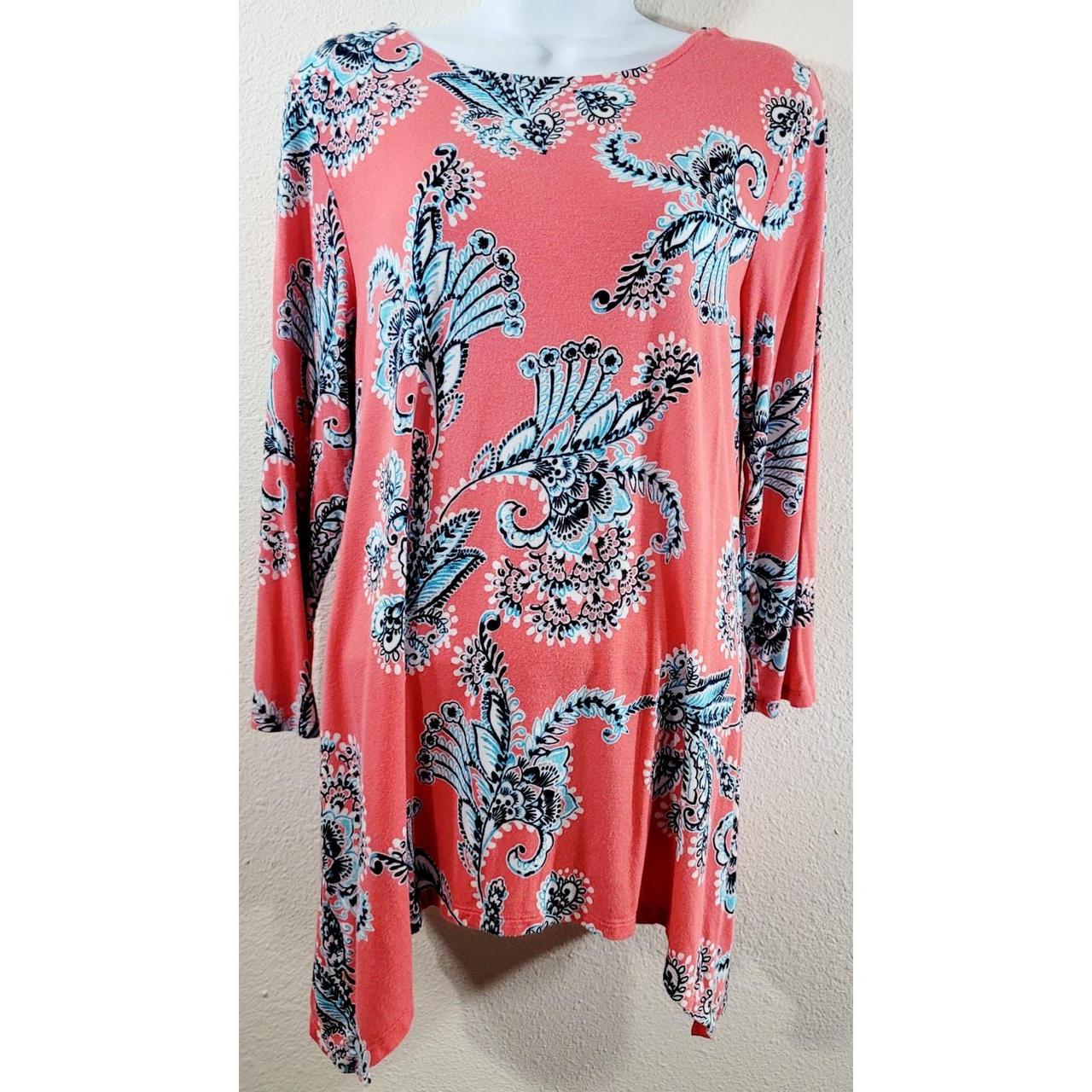 Ruby Rd. Salmon Blue White Floral Print Top Small... - Depop