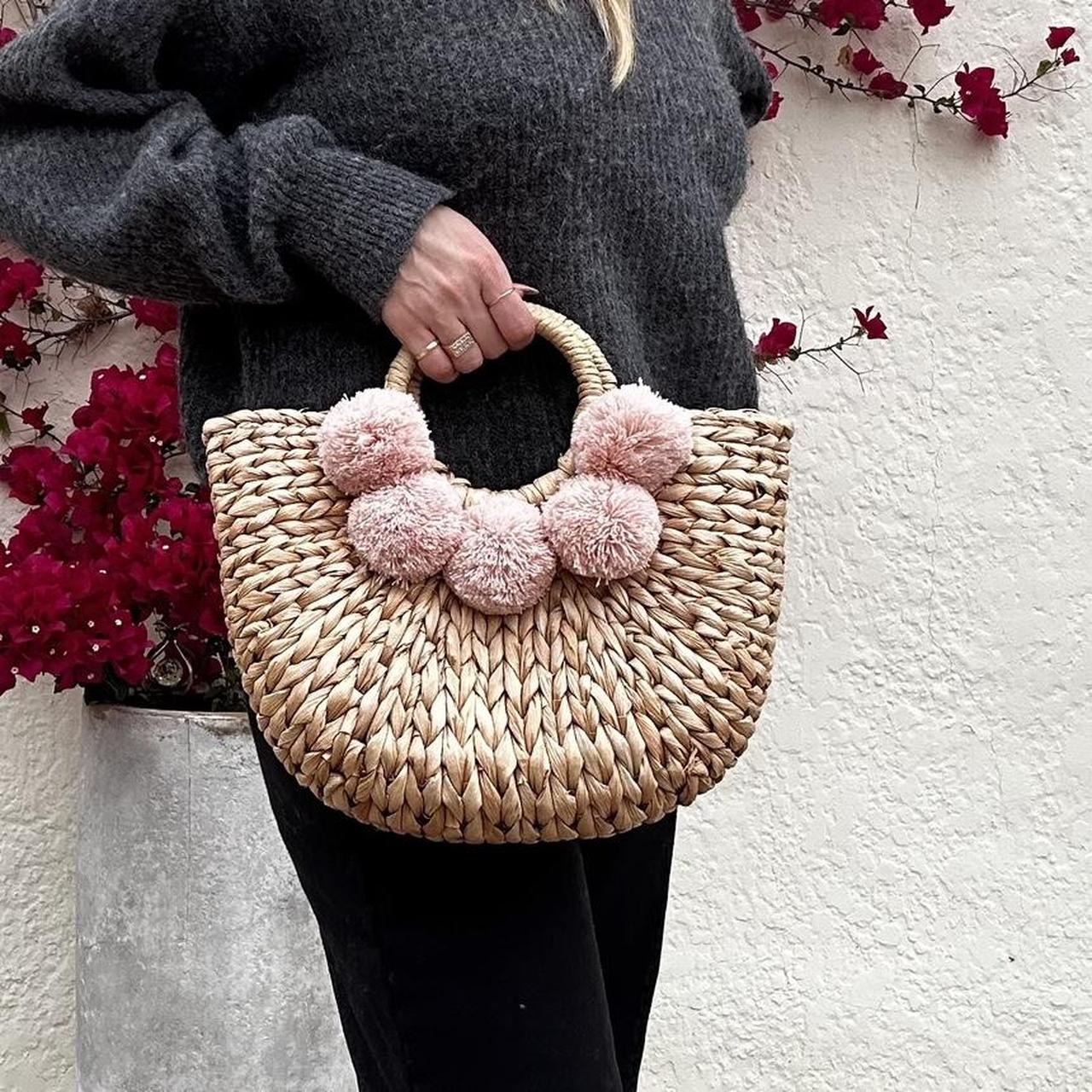 cream and pink pom pom straw bag with a vintage vibe... | Depop