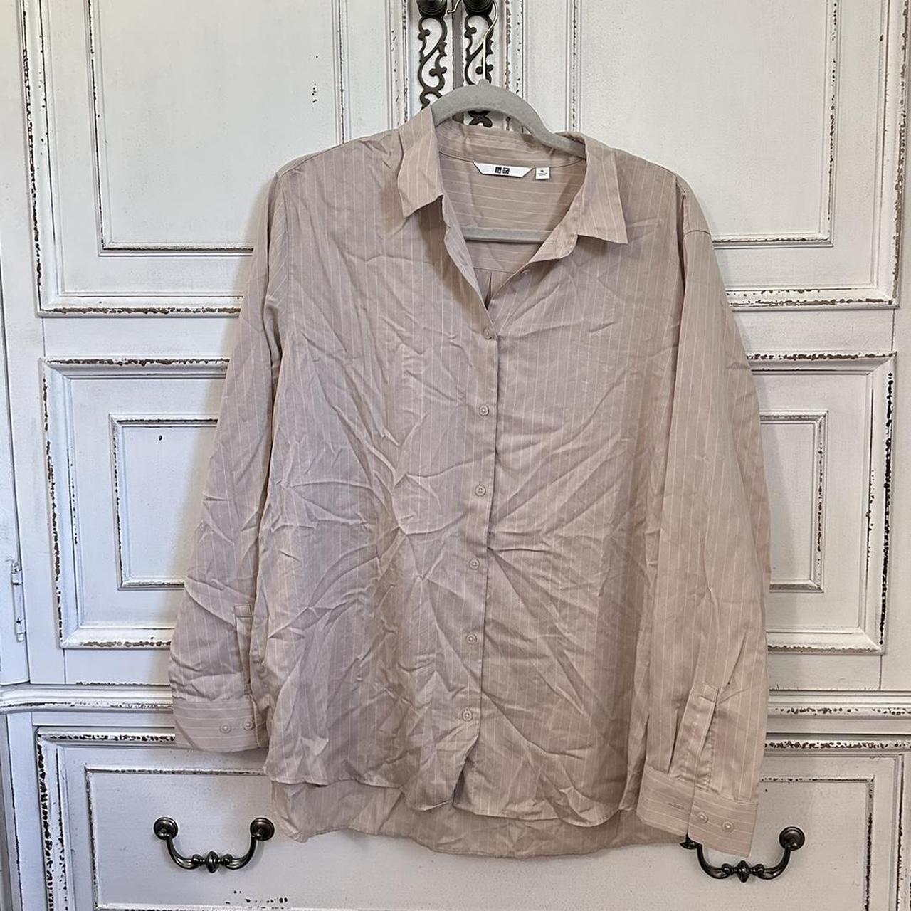 Uniqlo beige pinstripe button up super cute... - Depop