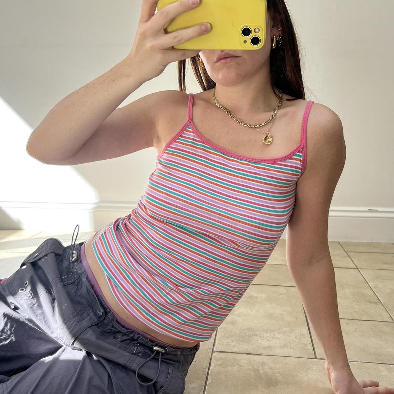 Vintage 00s pink stripey tank top. Y2k tank... - Depop