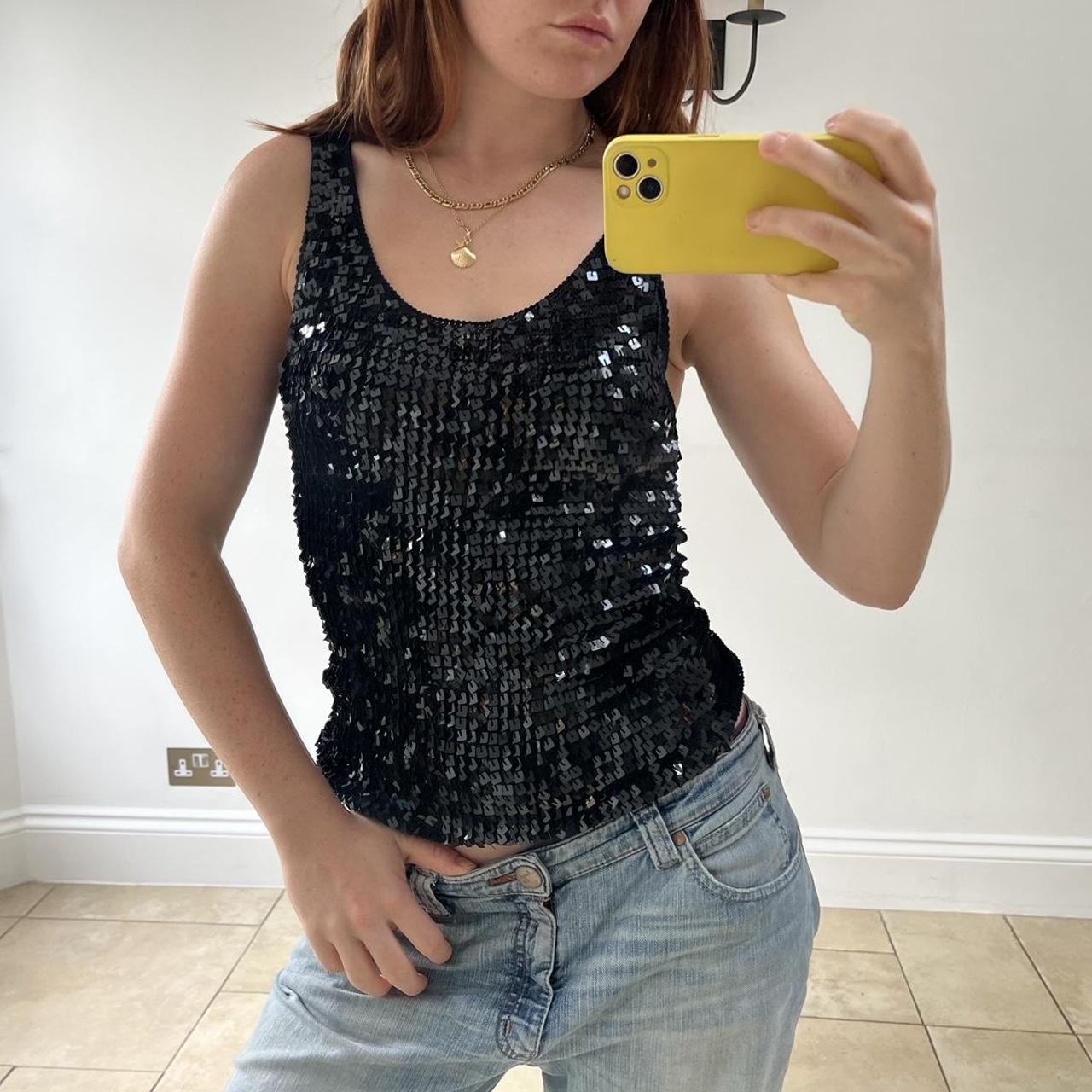Vintage 90s sequin tank top. Black sequin 90s tank top. - Depop