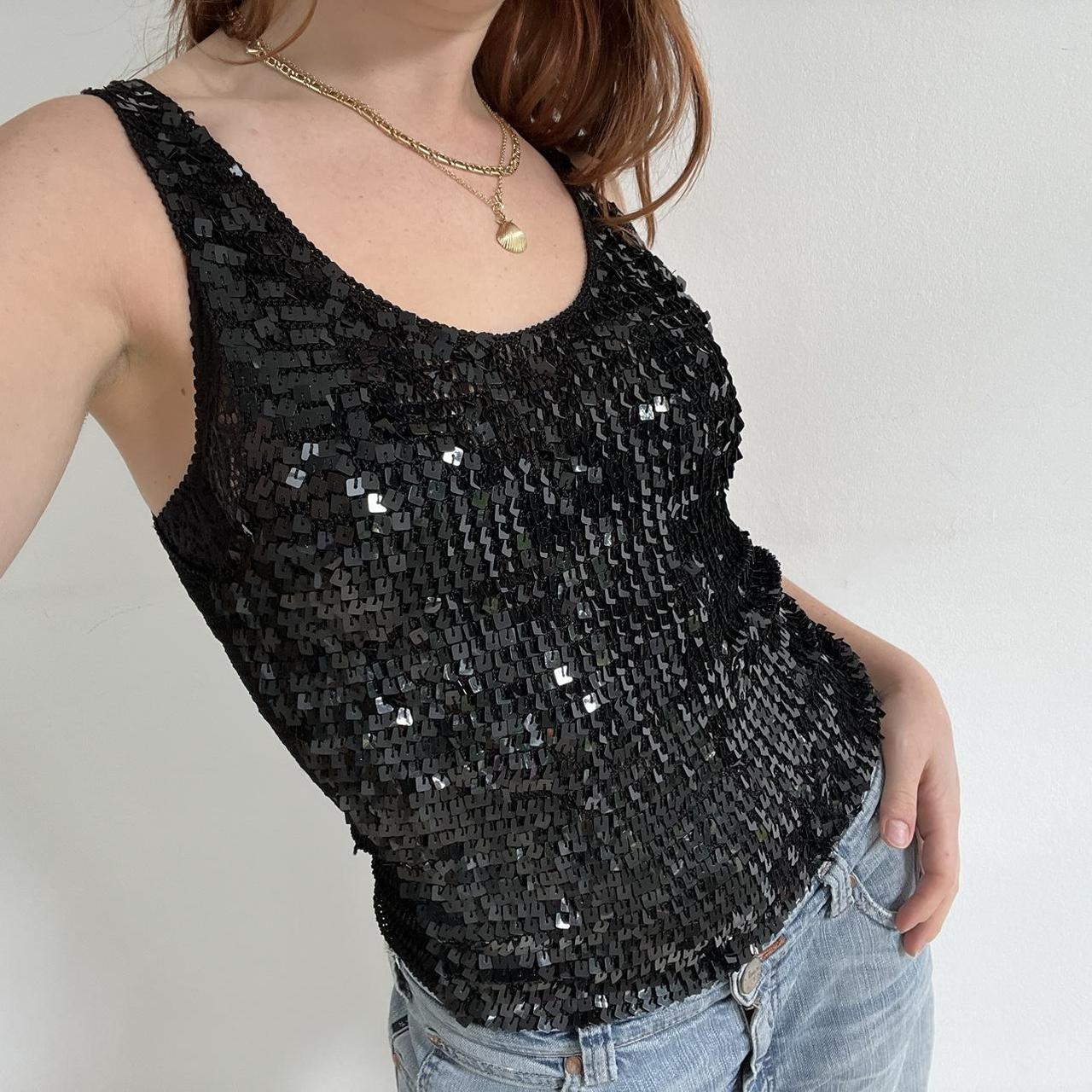 Vintage 90s sequin tank top. Black sequin 90s tank top. - Depop