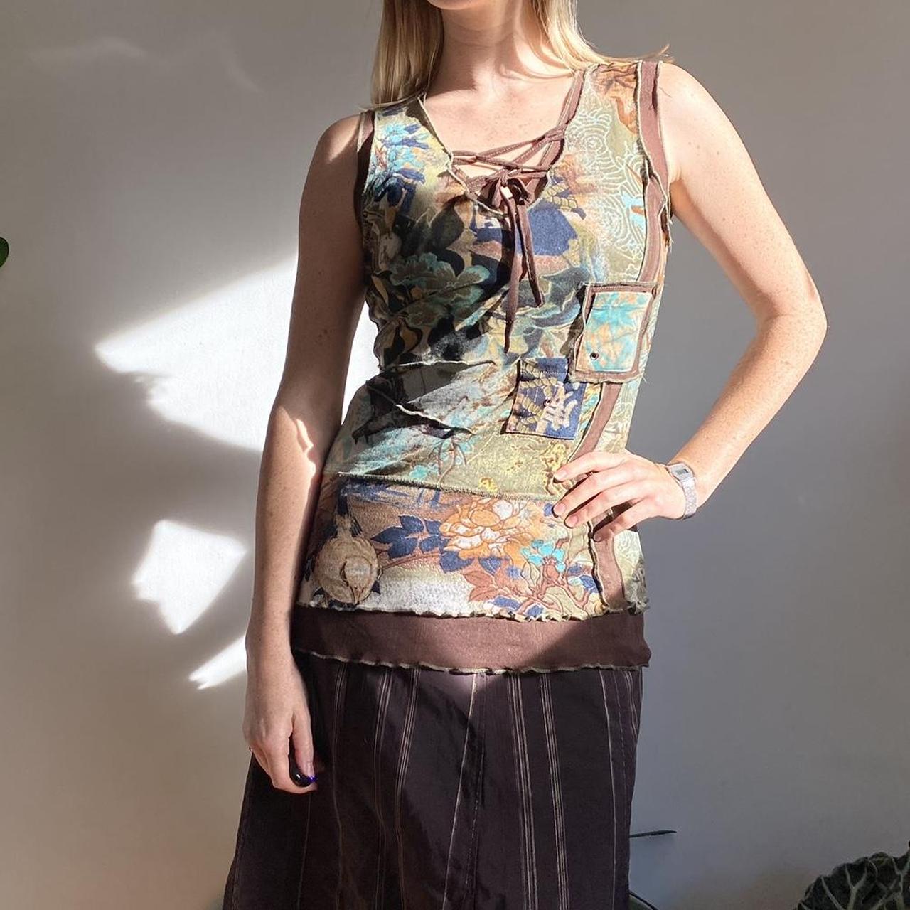 90s vintage double layered mesh top graphic & lace... - Depop