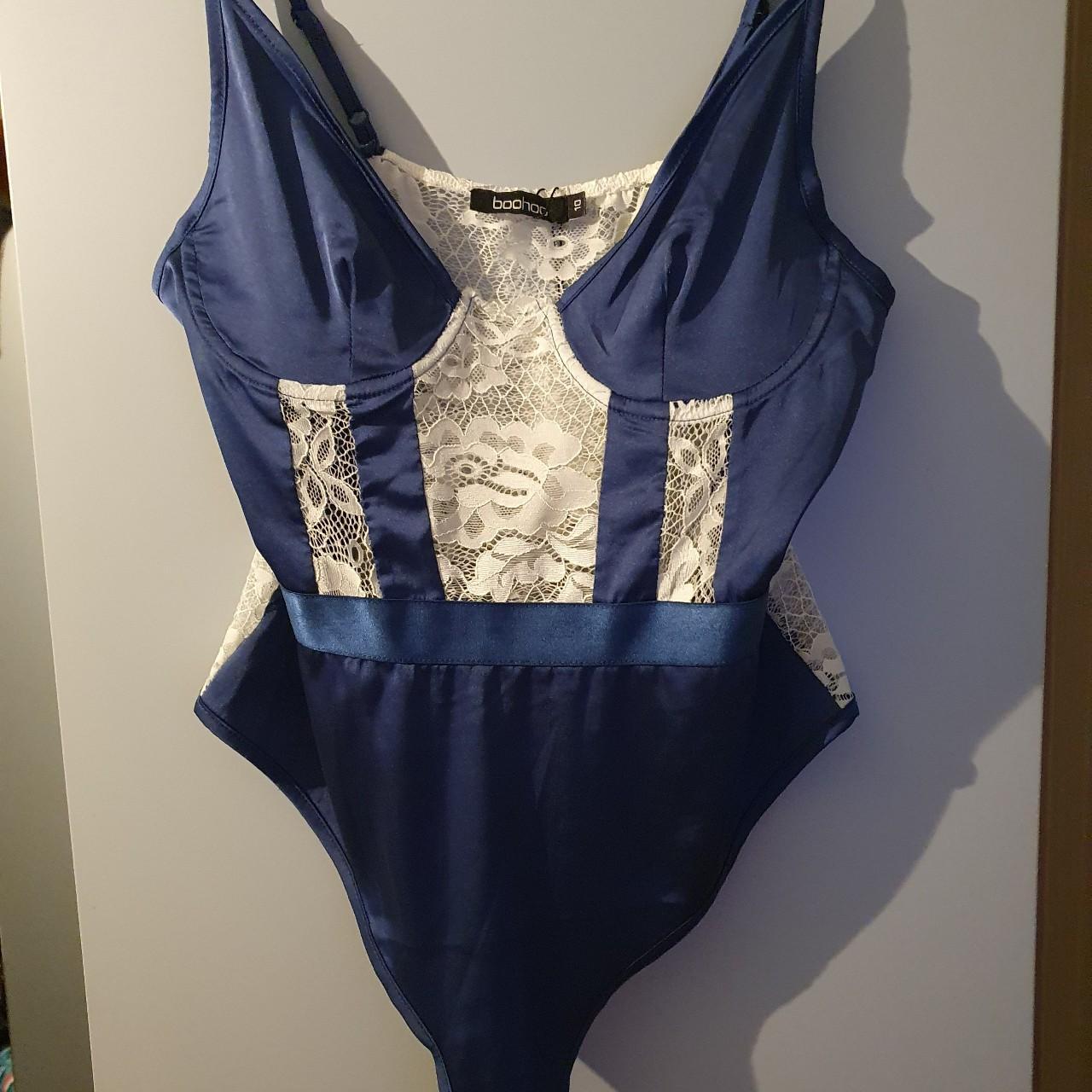 Boohoo Women's White and Blue Bodysuit | Depop