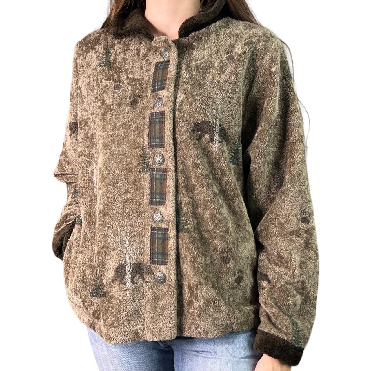 Fleece Button Up Jacket Outdoors theme bear tree... - Depop