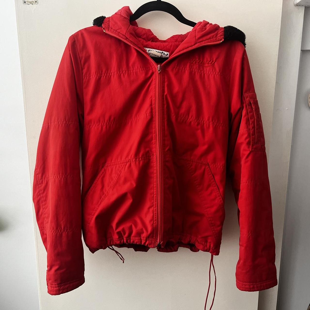 Red rusty jacket with fur lining in hood. Cinches at... | Depop