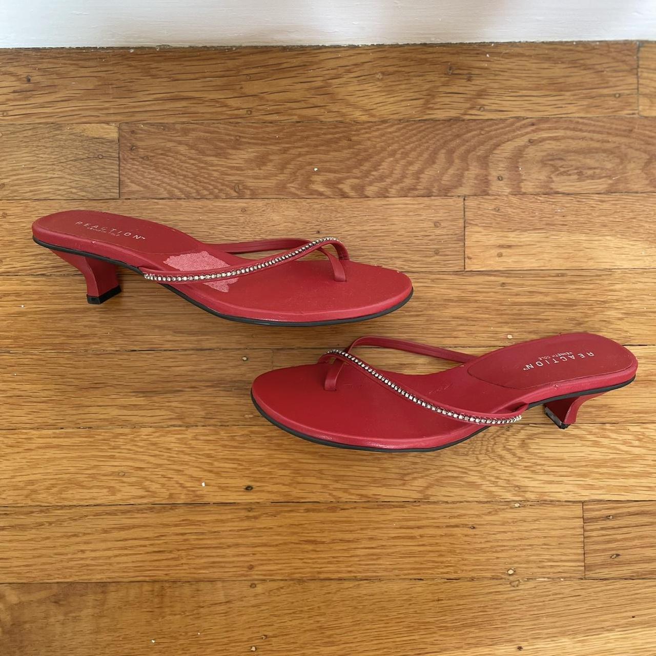 red leather kitten heel sandals with crystal details... - Depop