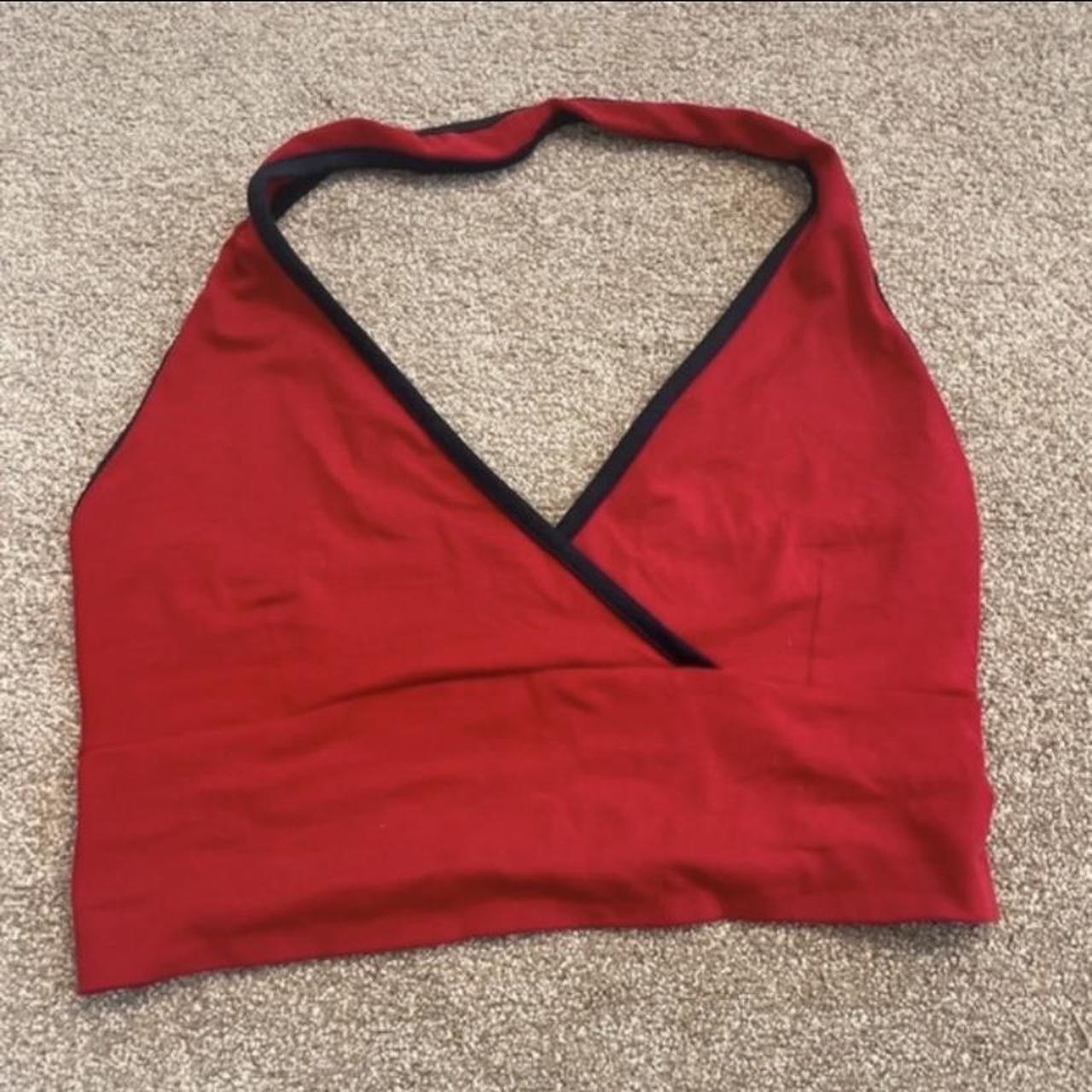 Subdued red and navy halter top. Size M would fit... - Depop