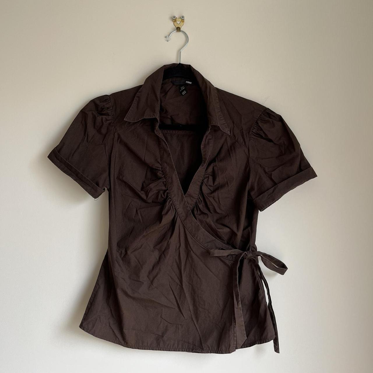 00s H&M military wrap waist brown blouse