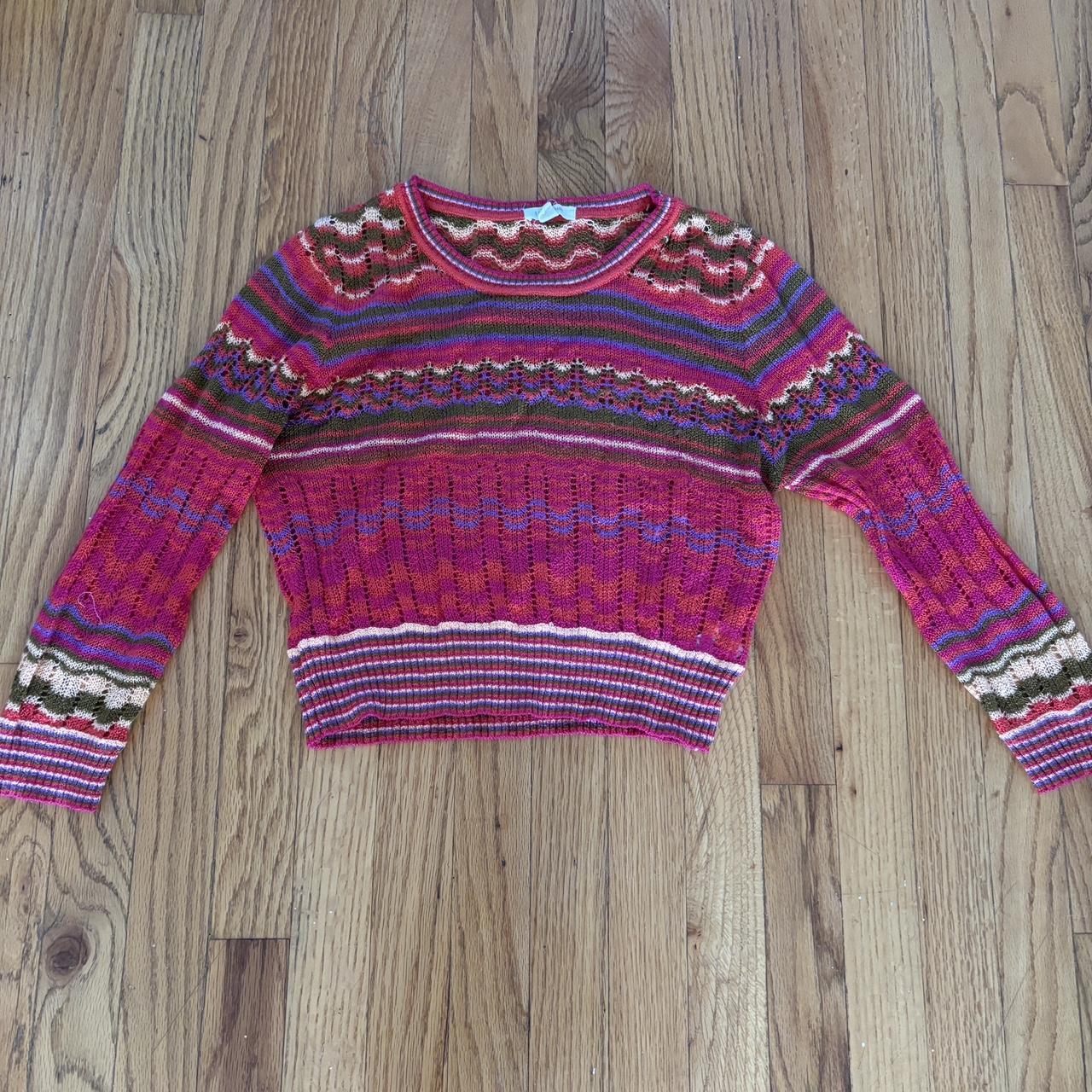 Multi-colored knit pink cropped sweater 🌸 in great... - Depop