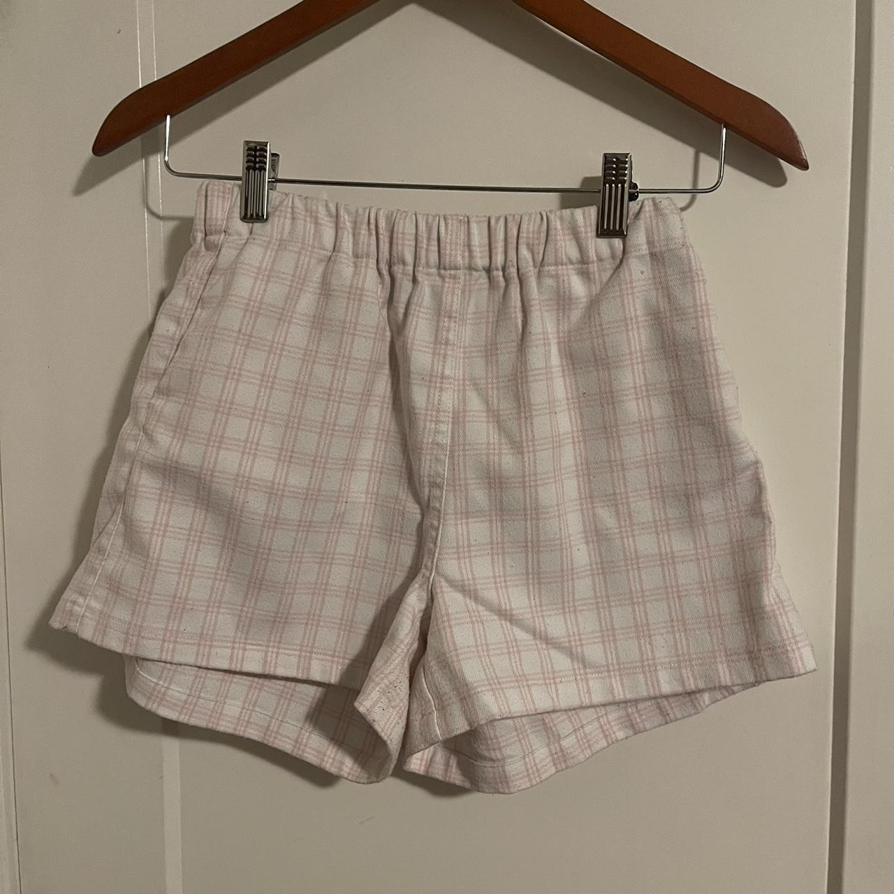 Brandy Melville pink and white plaid boxers/shorts!... - Depop