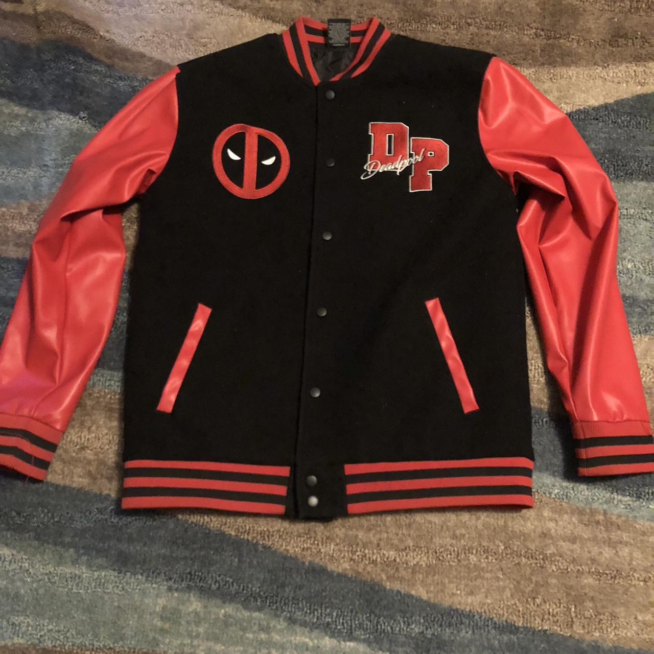 Deadpool varsity jacket with leather sleeves, black... - Depop