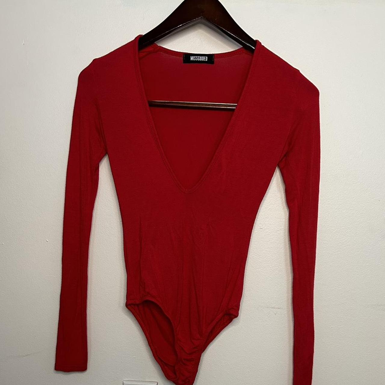 MISSGUIDED Red Deep V Neck Long Sleeve BodySuit - Depop