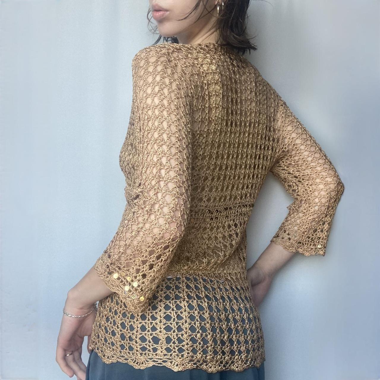 Gold vintage sheer sequin crochet tie up 3/4 sleeve... - Depop