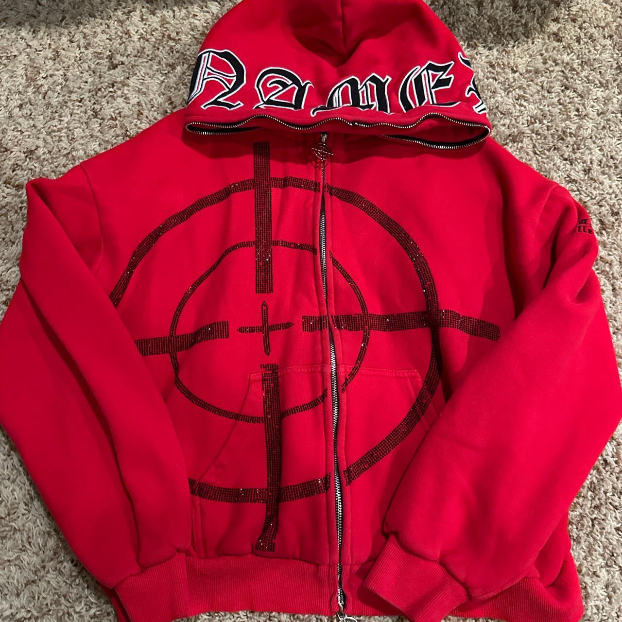 Red named collective zip up hoodie! Jeweled red... - Depop