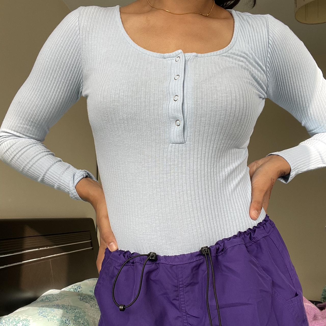 Baby blue long sleeve button up ribbed body... - Depop