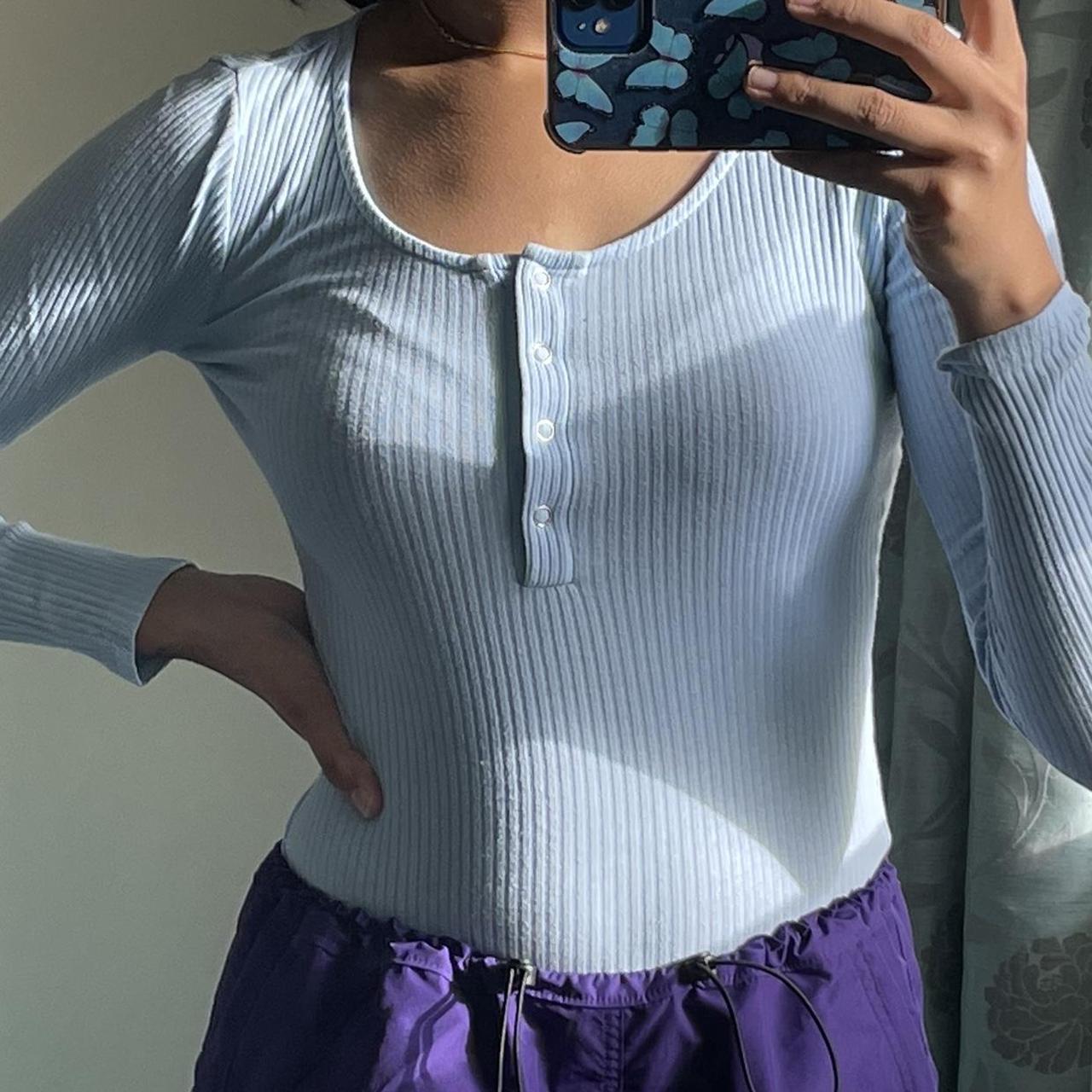 Baby blue long sleeve button up ribbed body... - Depop