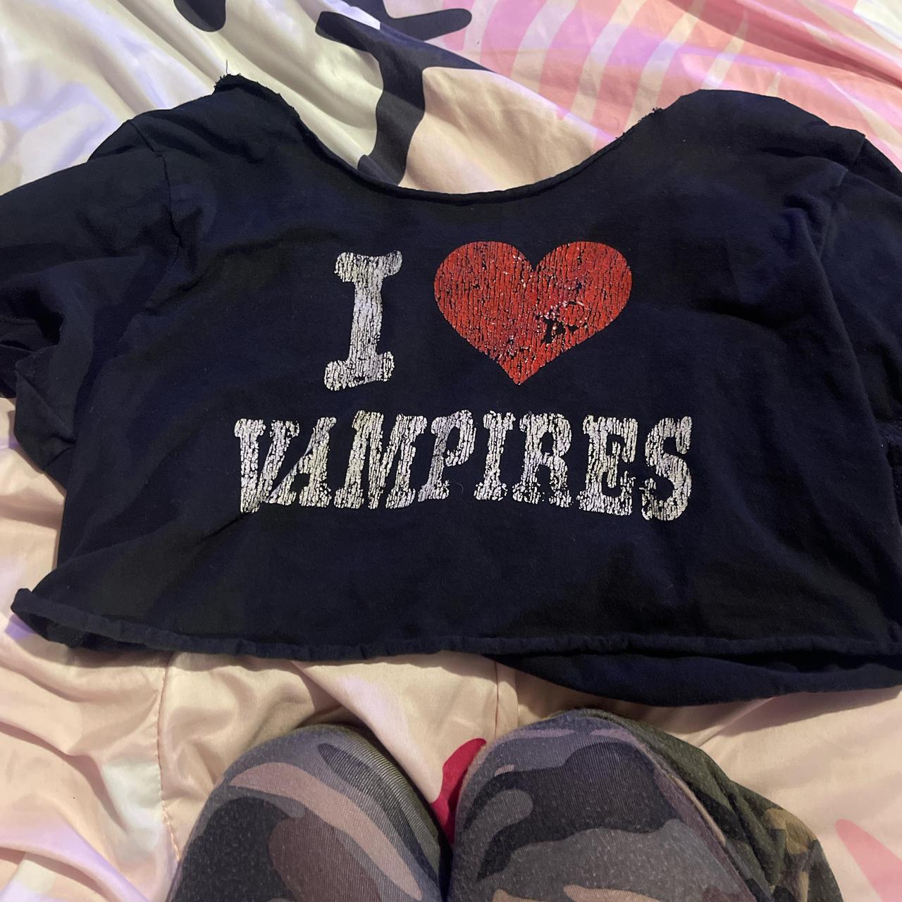 Black "I Love Vampires" crop top off the shoulder ... | Depop