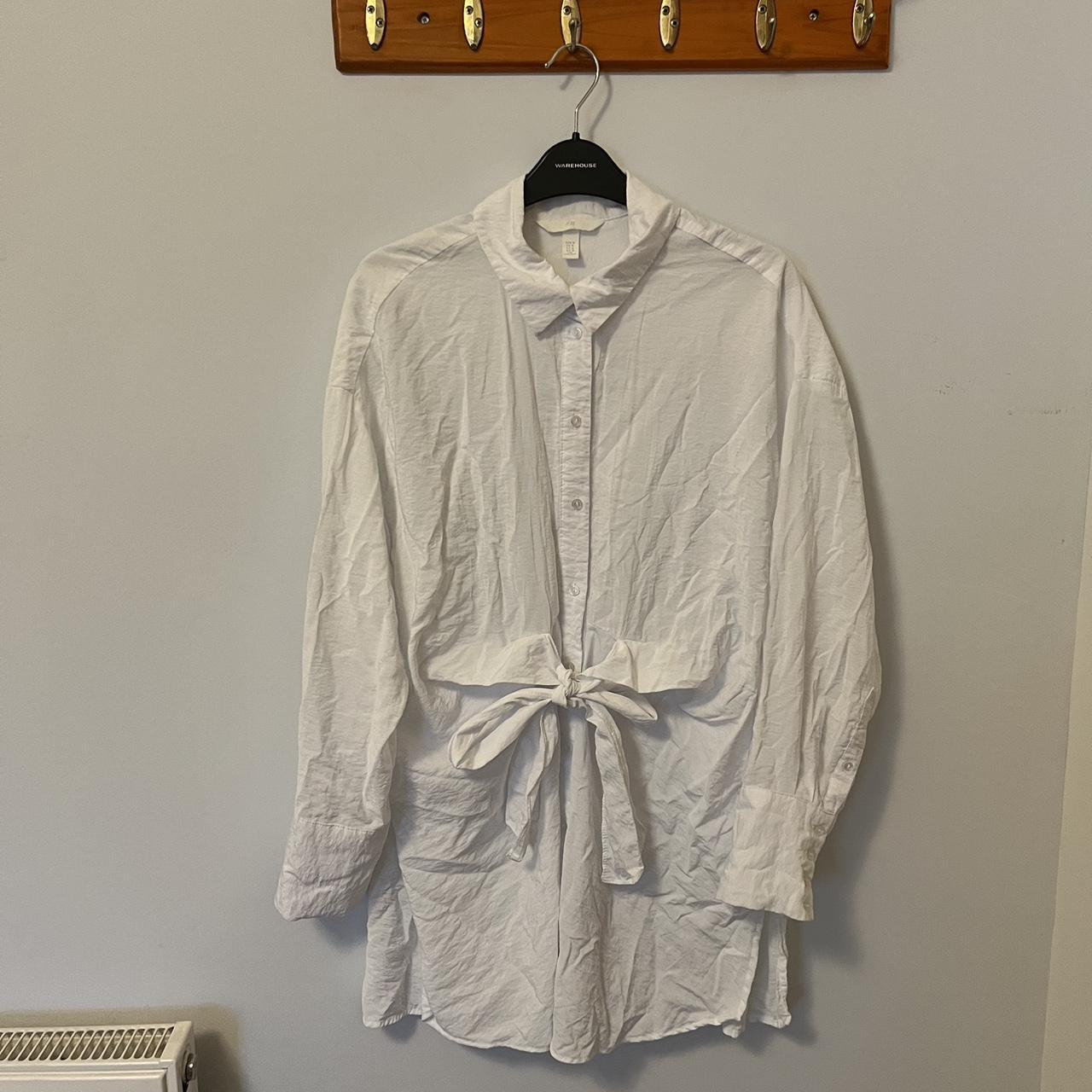 H&M Women’s White Long Button Up Collared Tie Shirt... - Depop