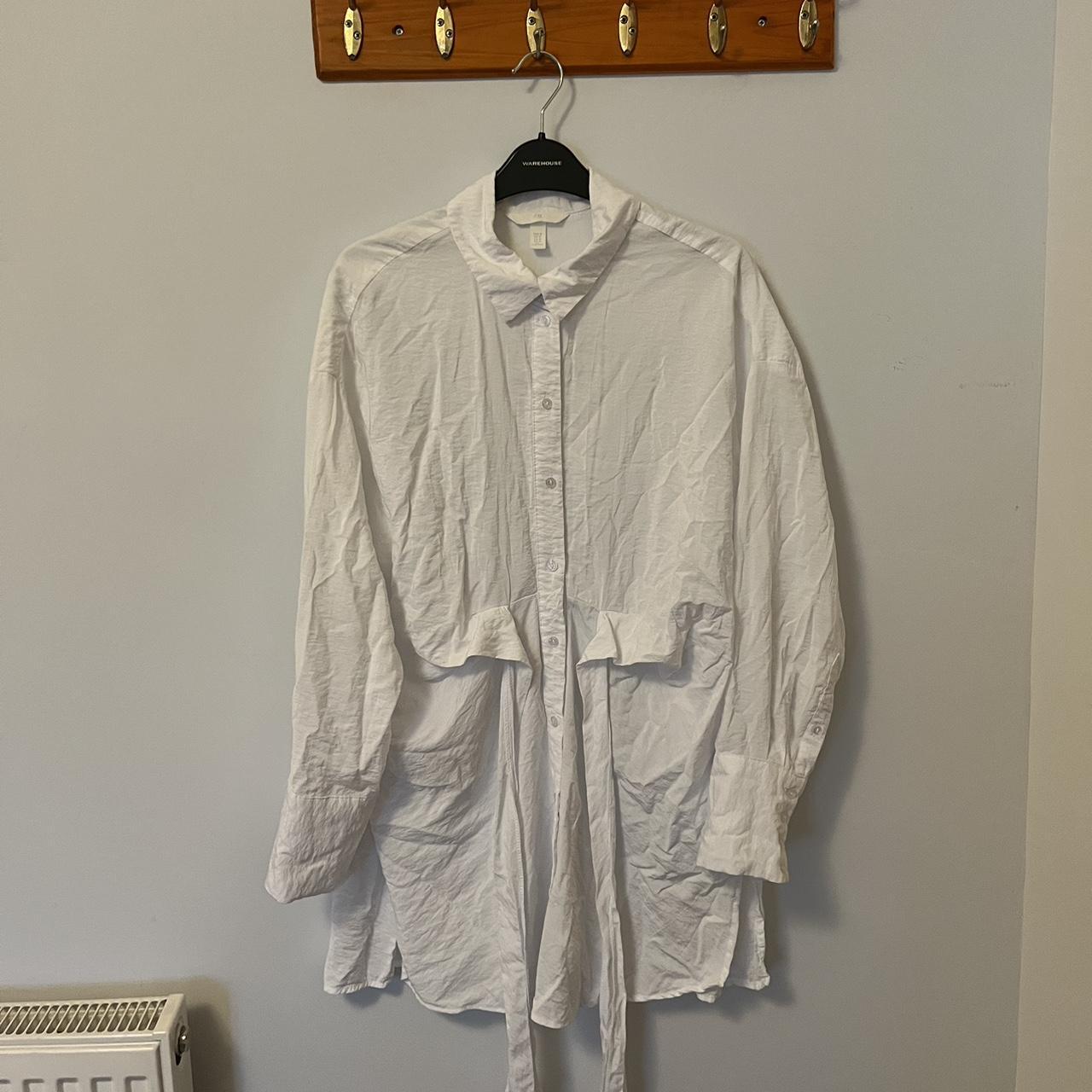 H&M Women’s White Long Button Up Collared Tie Shirt... - Depop
