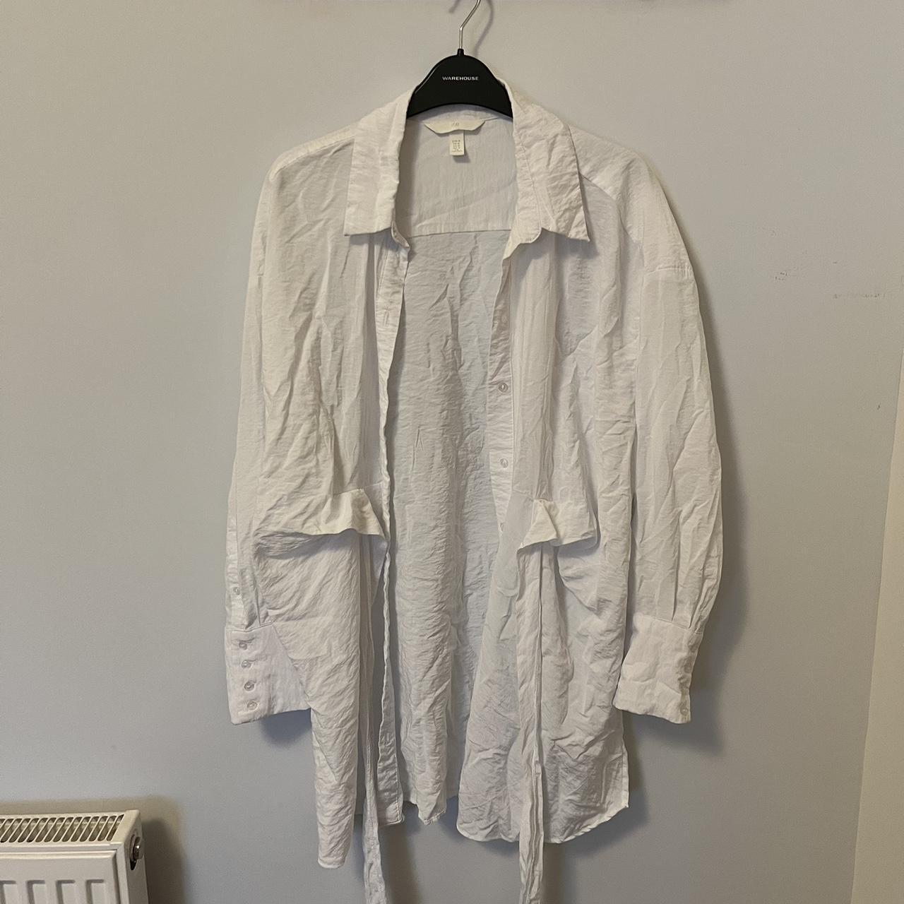 H&M Women’s White Long Button Up Collared Tie Shirt... - Depop