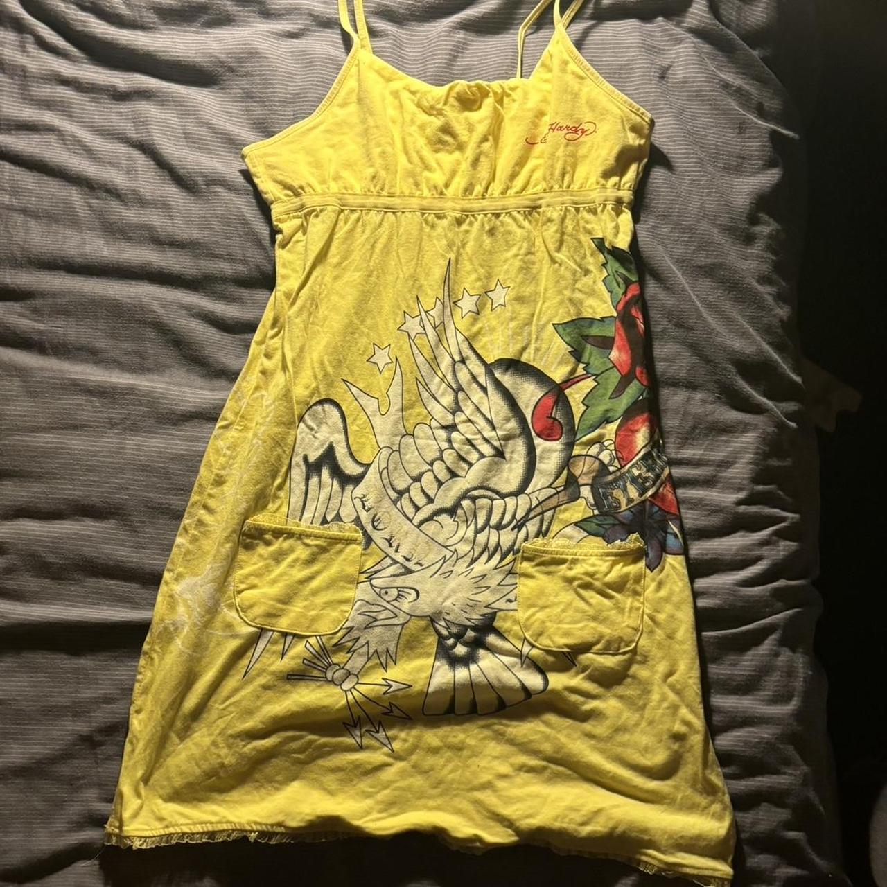 Beautiful vintage yellow Ed Hardy Y2K dress with... - Depop