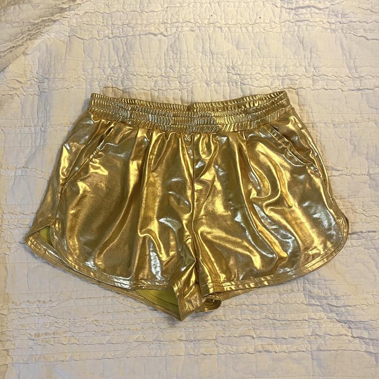 Gold metallic shiny women’s rave shorts. Women’s... - Depop