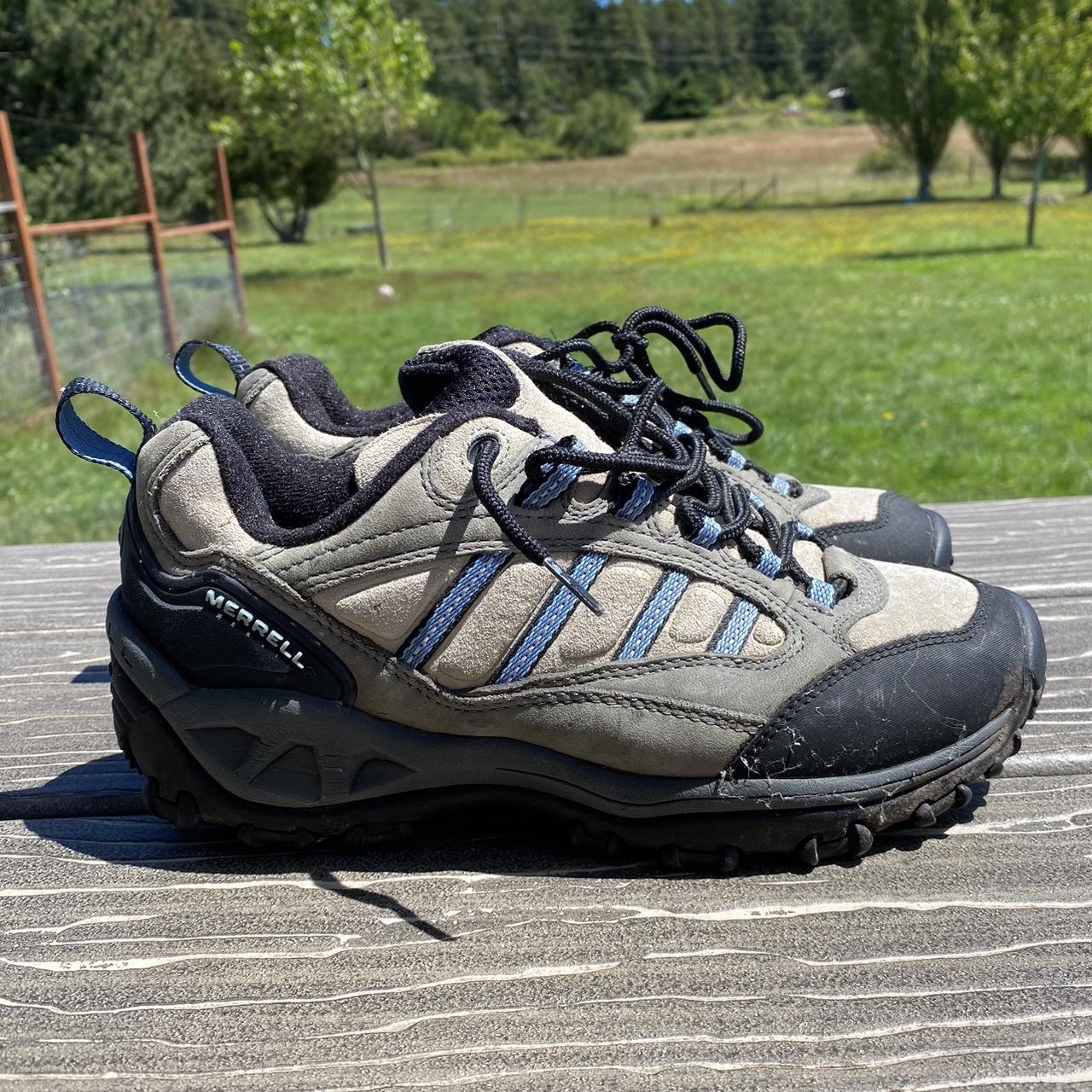 Blade grey/light blue Merrell Women’s Hiking Shoe - Depop