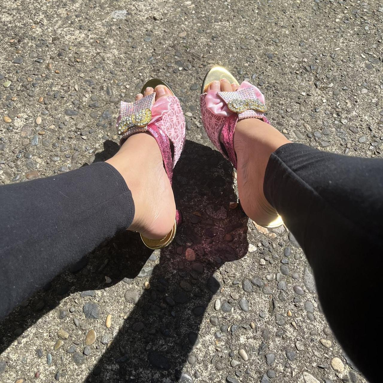Metallic Gold & Pink princess heels women’s size 9... - Depop