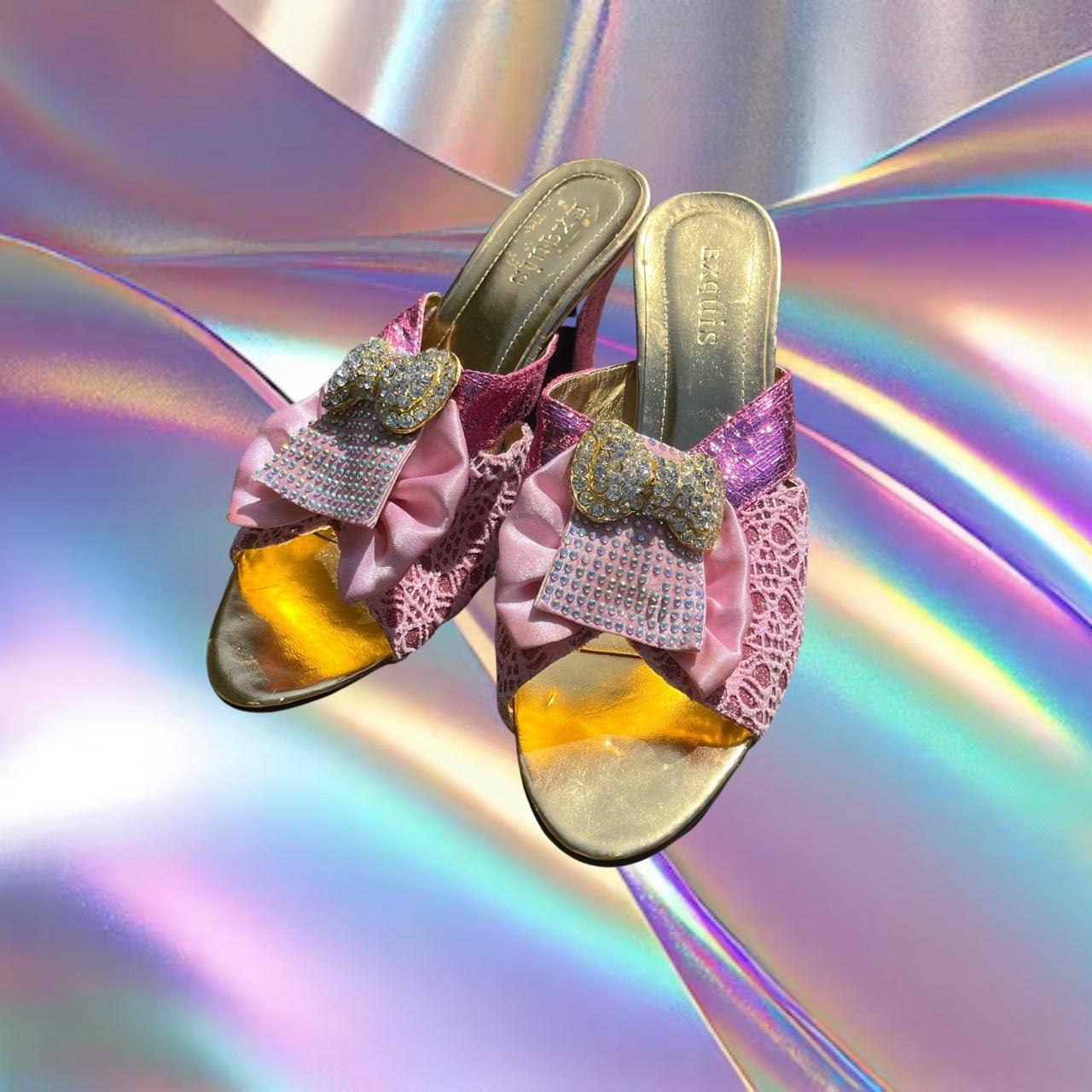 Metallic Gold & Pink princess heels women’s size 9... - Depop
