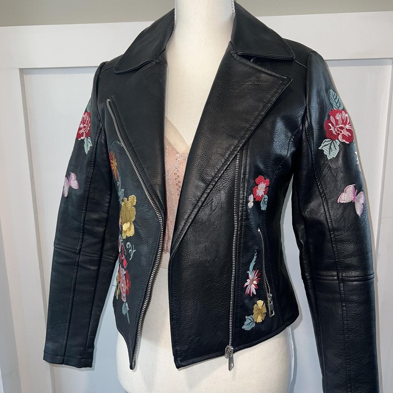 Embroidered Floral Faux Leather Jacket The details... - Depop