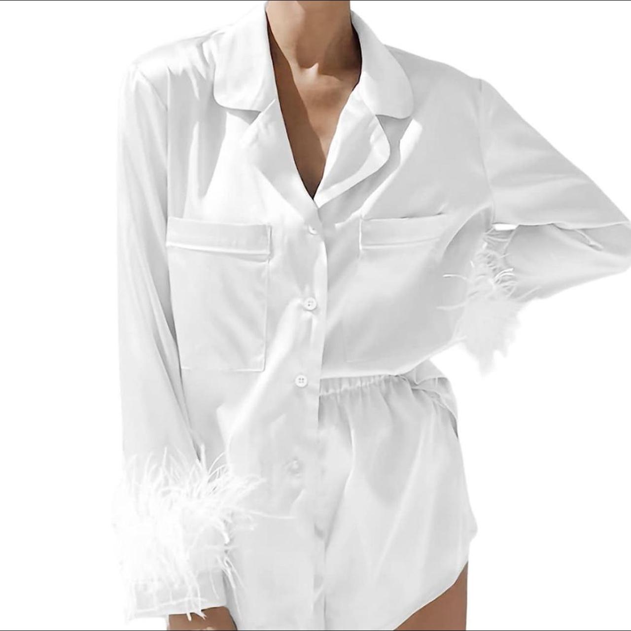 White silk pj shirt with feathers on the... - Depop