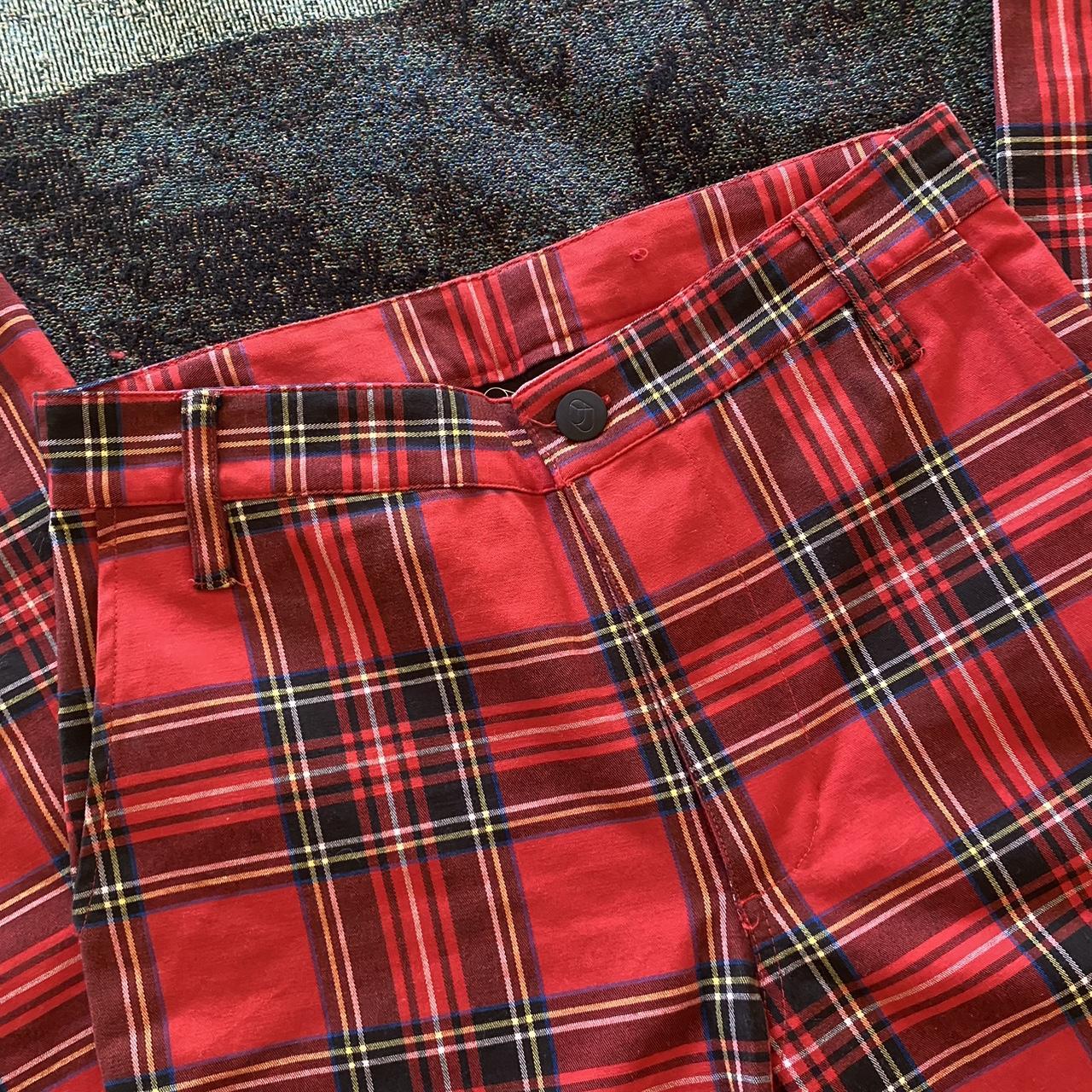 thrifted red plaid slim fitting pants #plaid #punk #emo - Depop