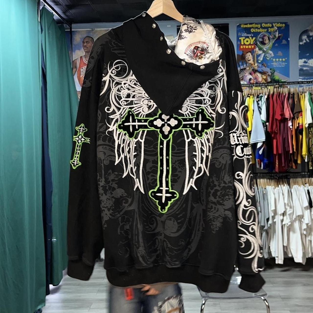 Vintage y2k rhinestone cross skull affliction ... - Depop