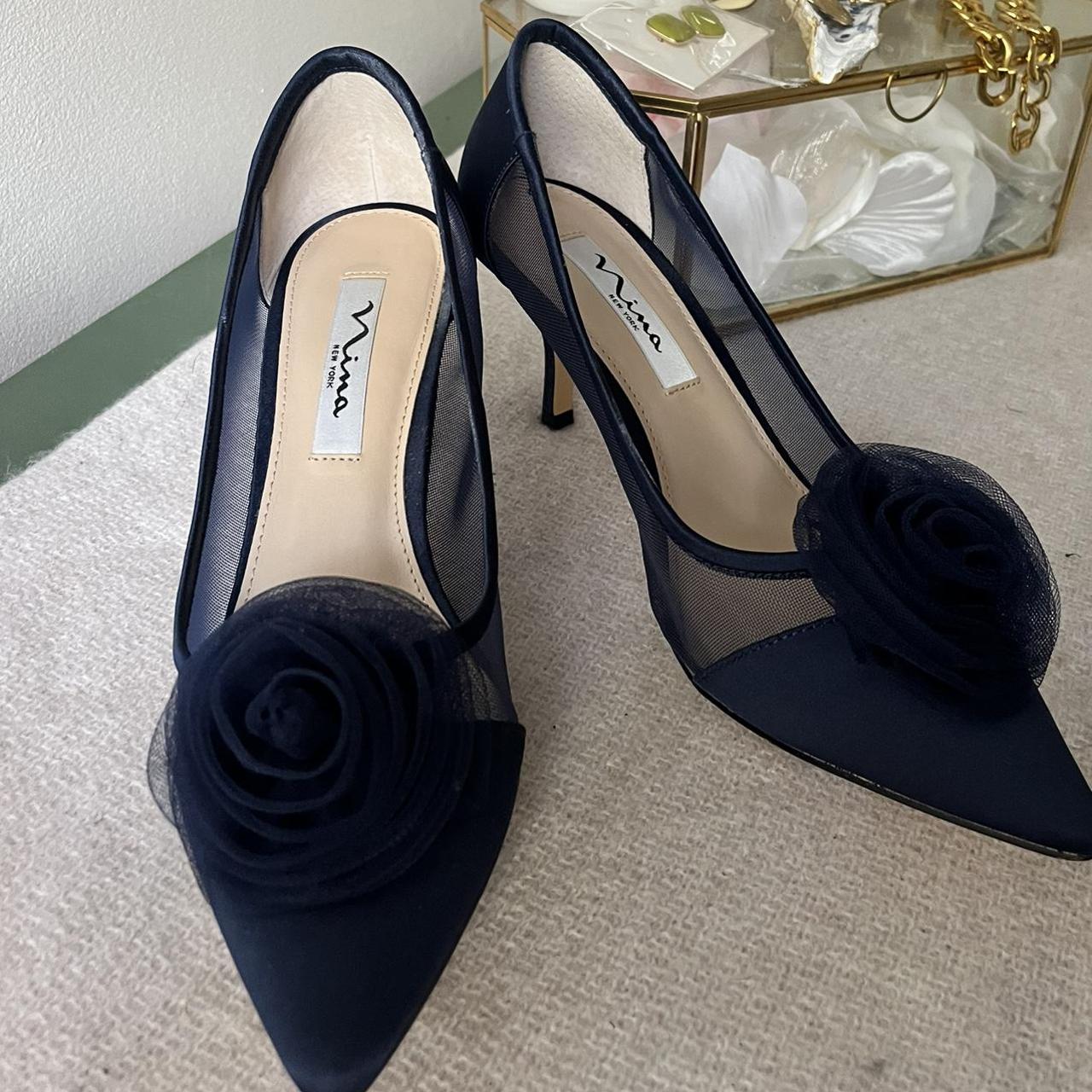 Navy Blue Kitten Heels W Flower Detailing Size Depop