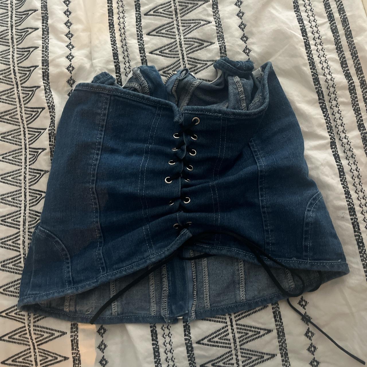 Denim corset with black lace up back and zipper in... - Depop