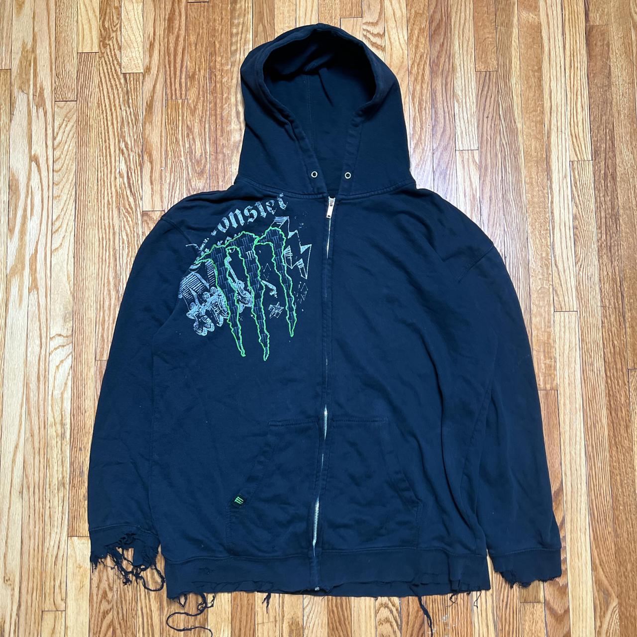 crazy Y2k thrashed Monster Energy zip-up hoodie... - Depop
