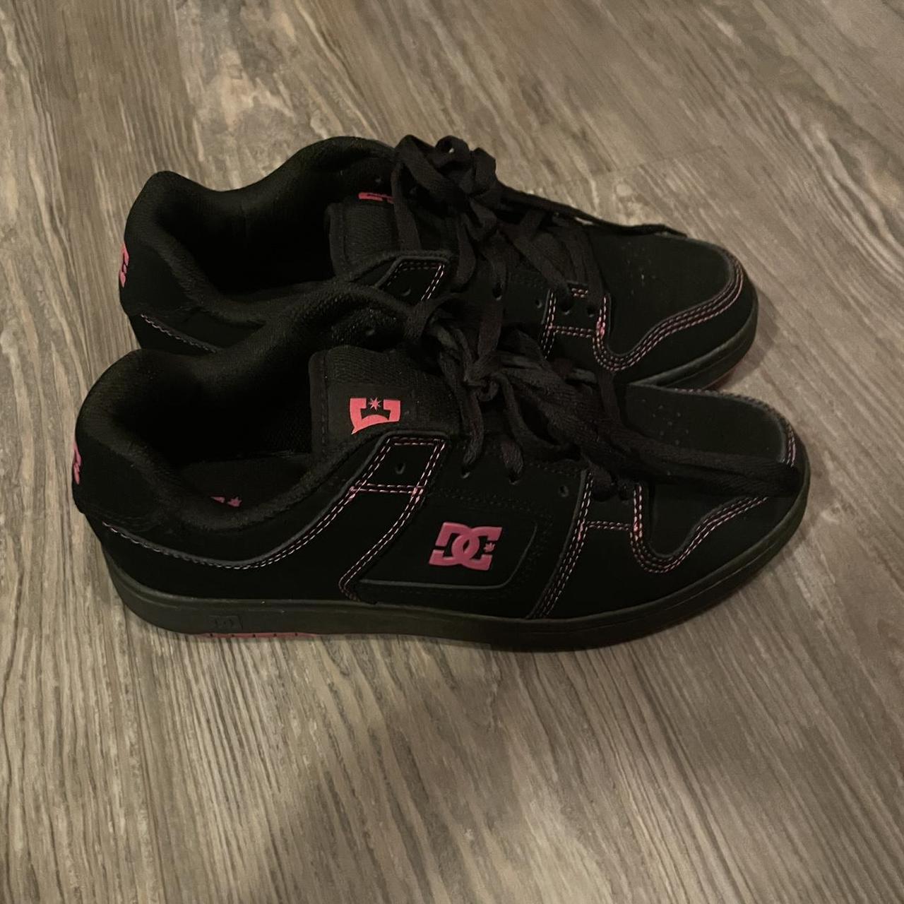 black and pink DC skateboarding shoes may be some... - Depop