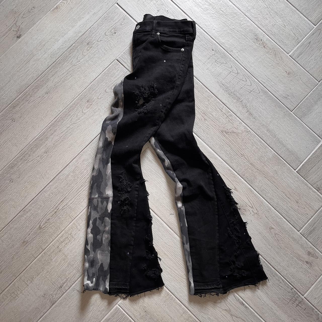 Flare Distressed Denim Grey Flare Patched... - Depop