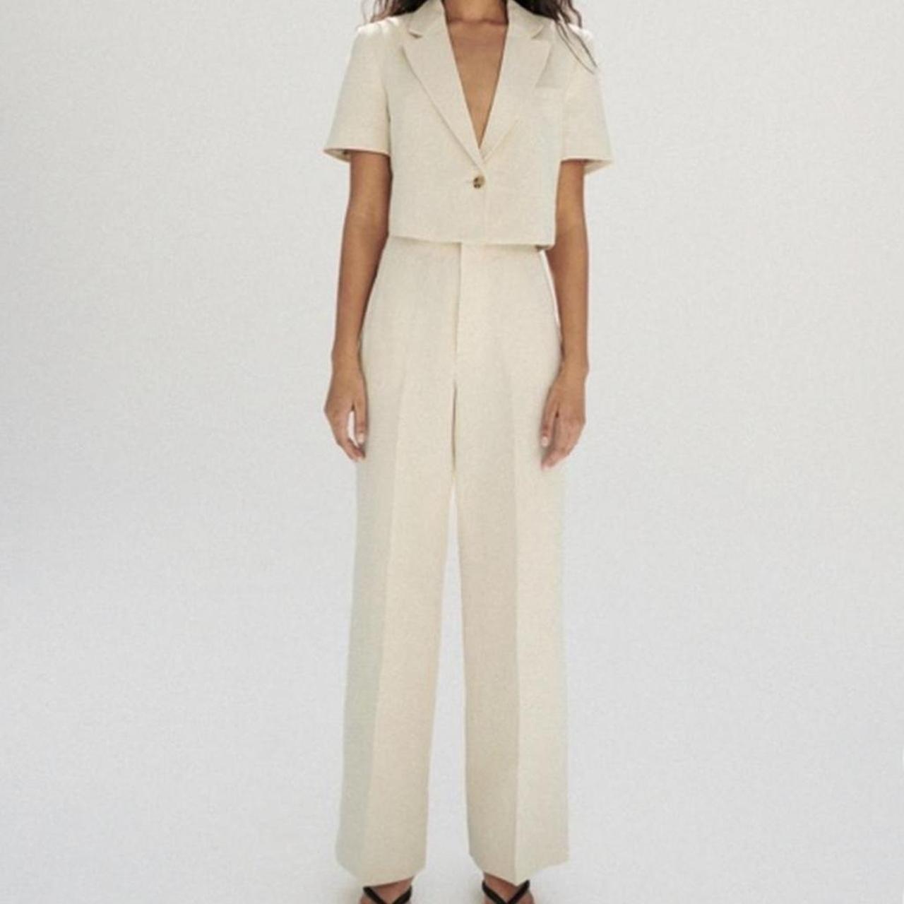 zara cream linen cropped blazer and trousers set ,... - Depop