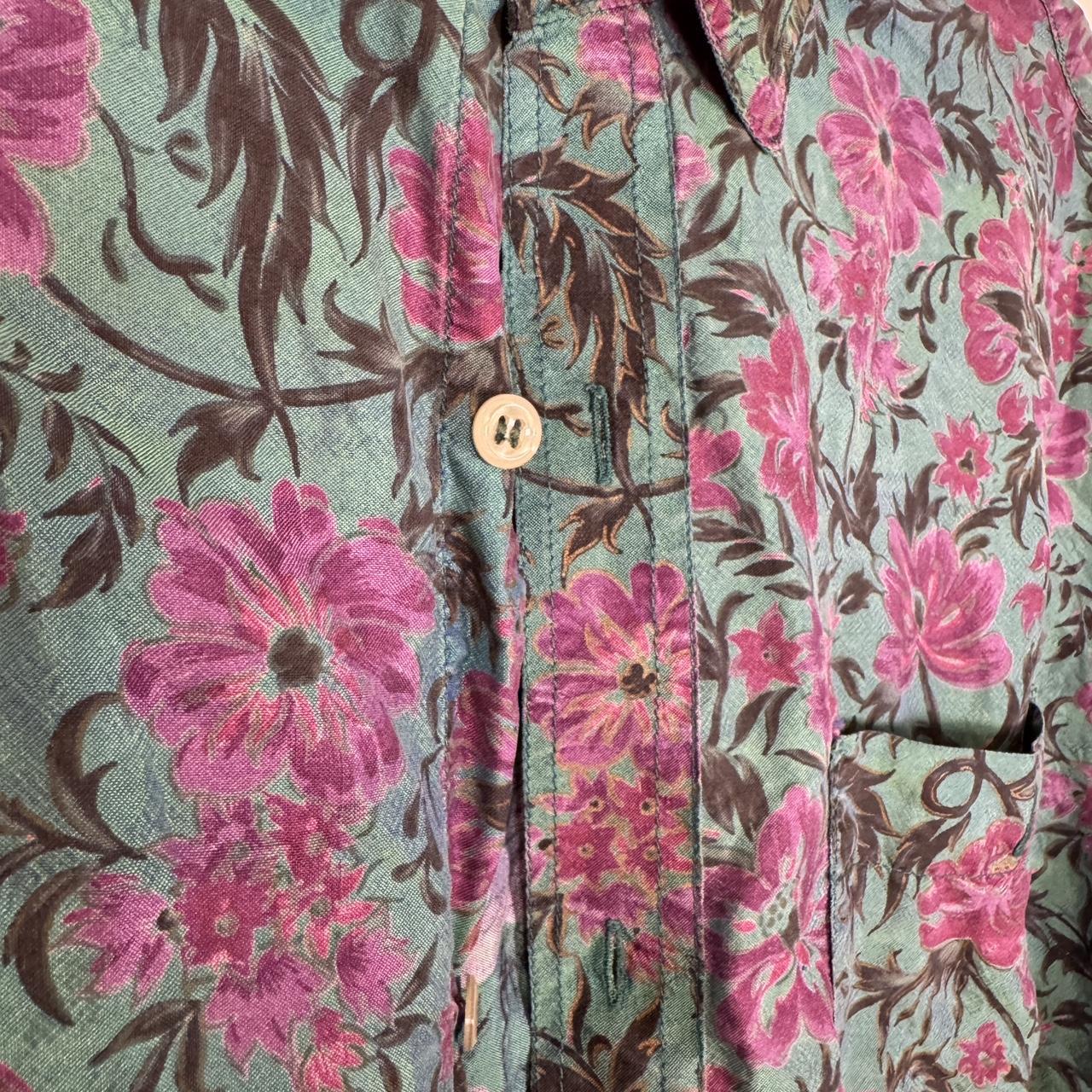 Multi-coloured, green floral button-up shirt with a... - Depop